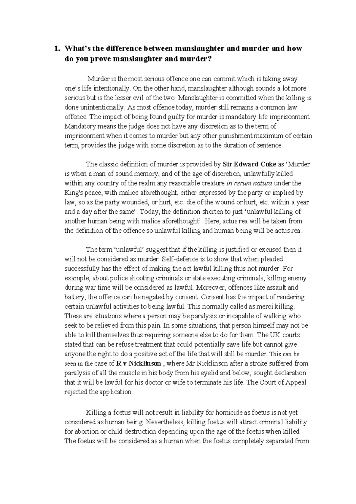 Homicide essay - 1. What’s the difference between manslaughter and ...