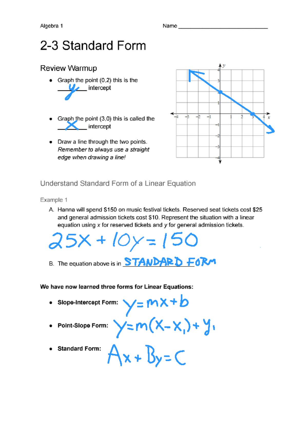 Algebra 1 (2-3) Standard Form Review & Graphing Notes - Studocu