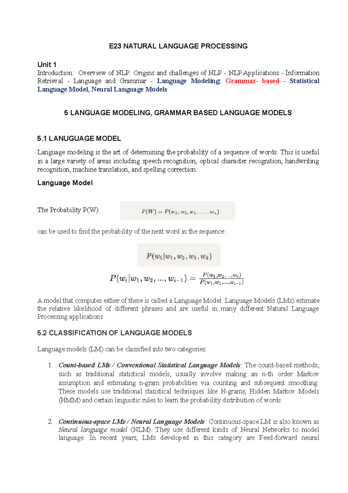 2021 1.5 Language Models - E23 NATURAL LANGUAGE PROCESSING Unit 1 Introduction: Overview of NLP ...