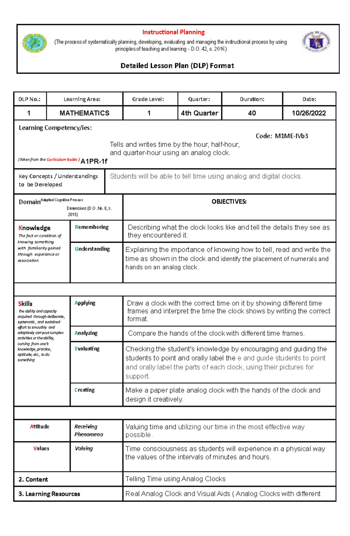 MATH 1 - DLP: Detailed Lesson Plan on Telling Time Using Clocks - Studocu