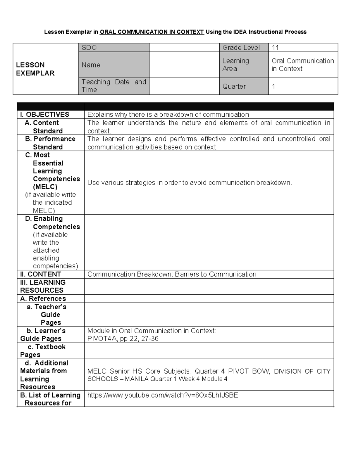SHS ORAL COMM - Lesson Exemplar on Communication Breakdown - Studocu