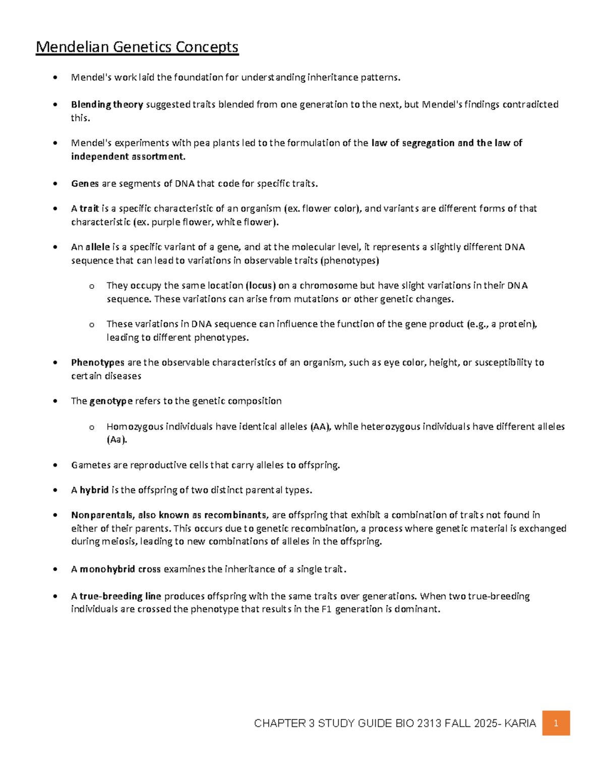 Mendelian Genetics Study Guide: Key Concepts & Laws (BIO 2313) - Studocu