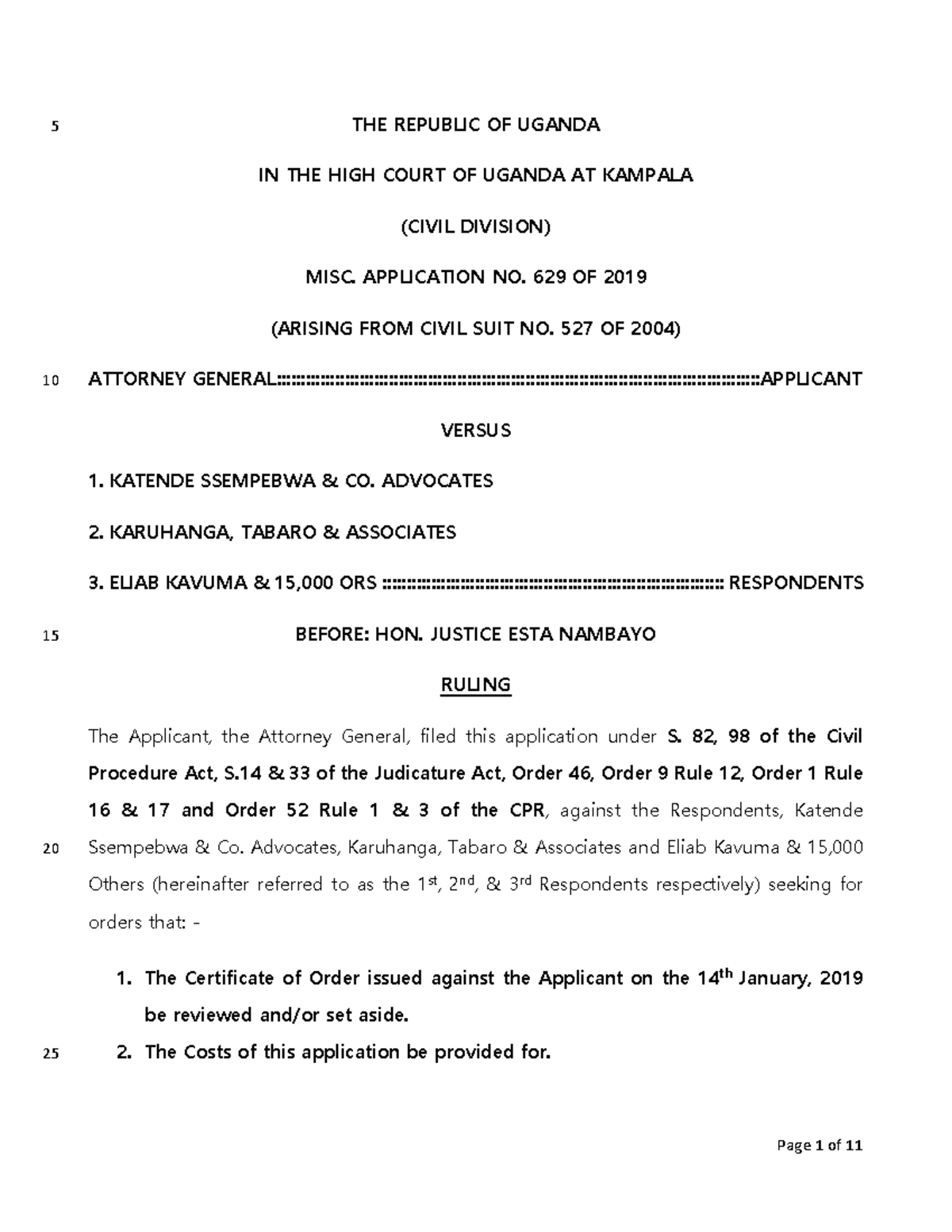 Attorney General v. Katende Ssempebwa & Others (M.A. 629/2019) Ruling ...