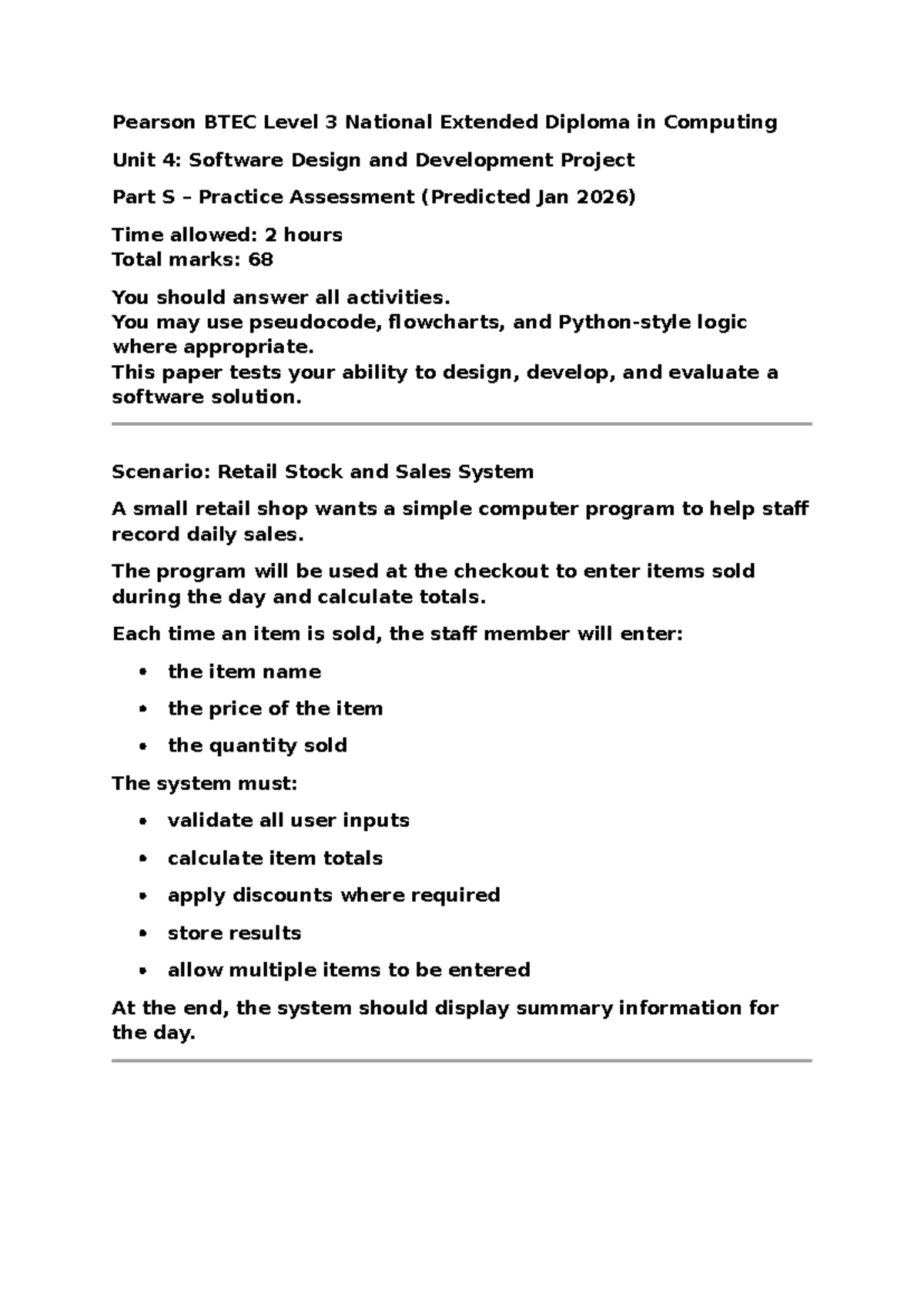 BTEC Level 3 Computing Unit 4: Software Design & Dev Project Assessment - Studocu