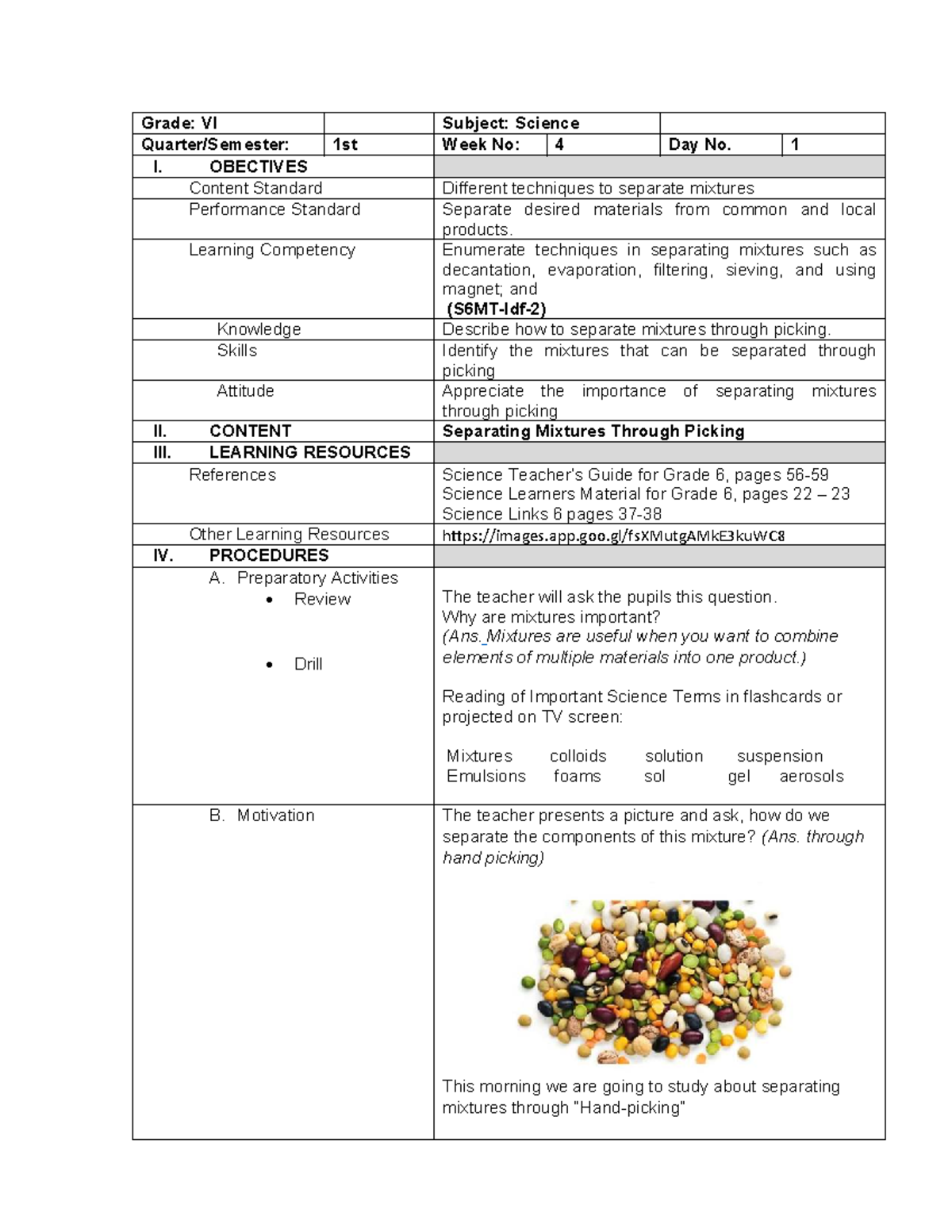 Grade 6 Science Week 4: Separating Mixtures Through Picking - Studocu