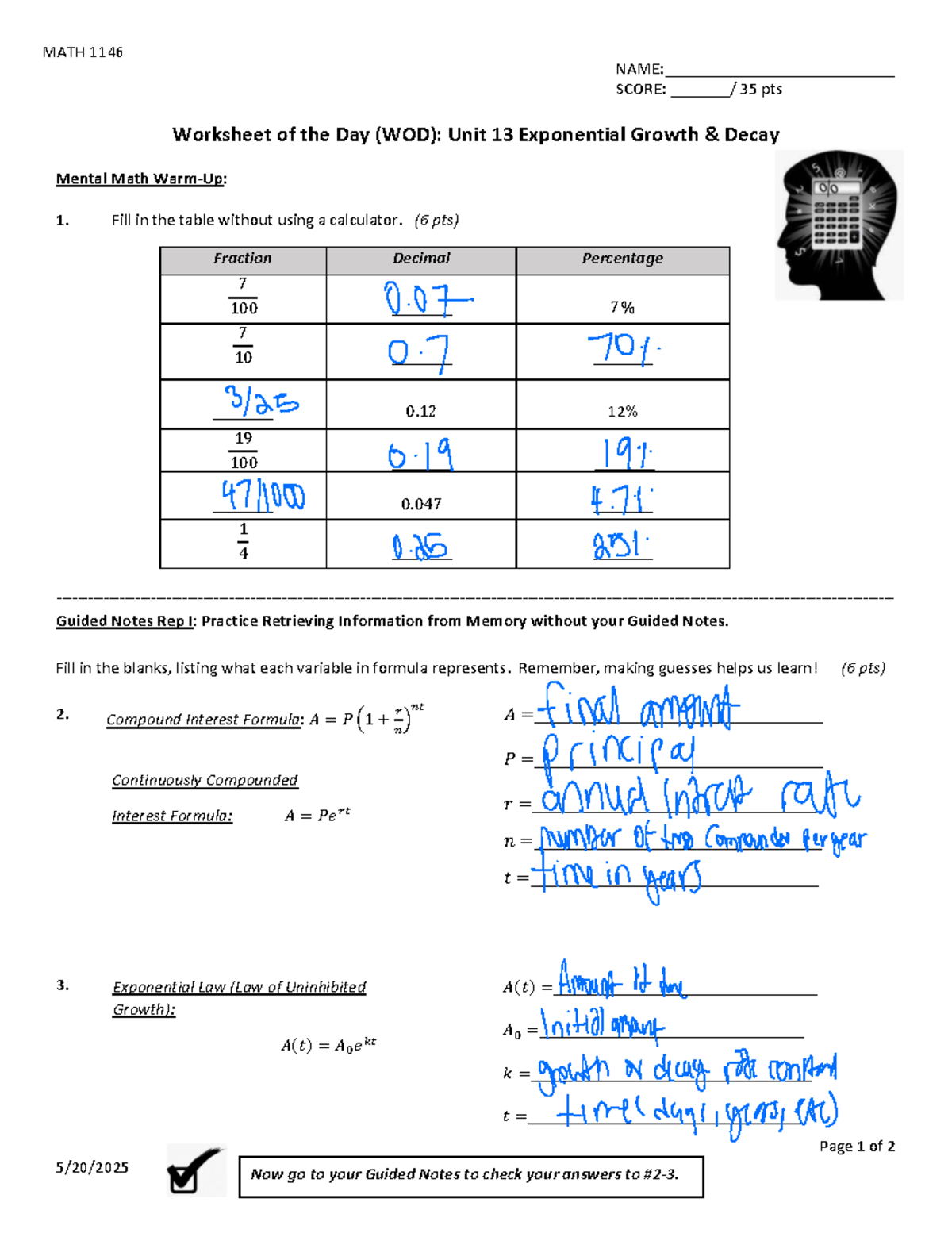 MATH 1146 WOD: Unit 13 Exponential Growth & Decay Worksheet - Studocu