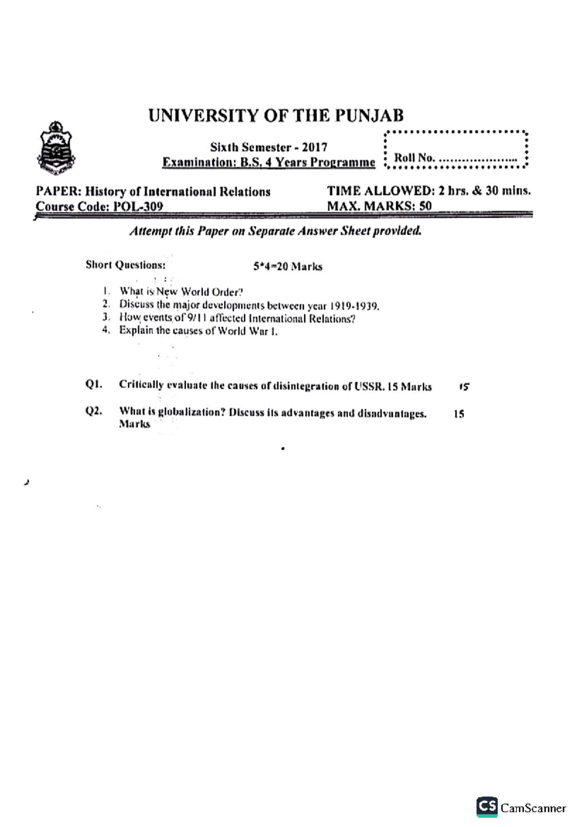 POL-309: History of International Relations Exam Questions and Answers ...
