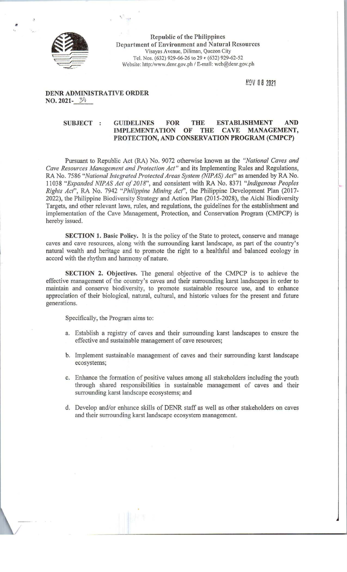 DENR Admin Order No. 2021-31: Guidelines for Cave Management Program ...