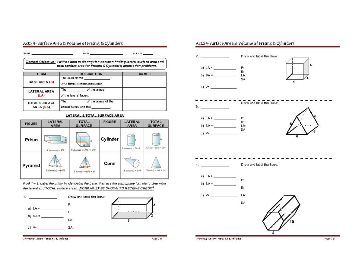 Act.34-Surface Area and Volume for Prisms Cylinders Notes-Practice (10 ...