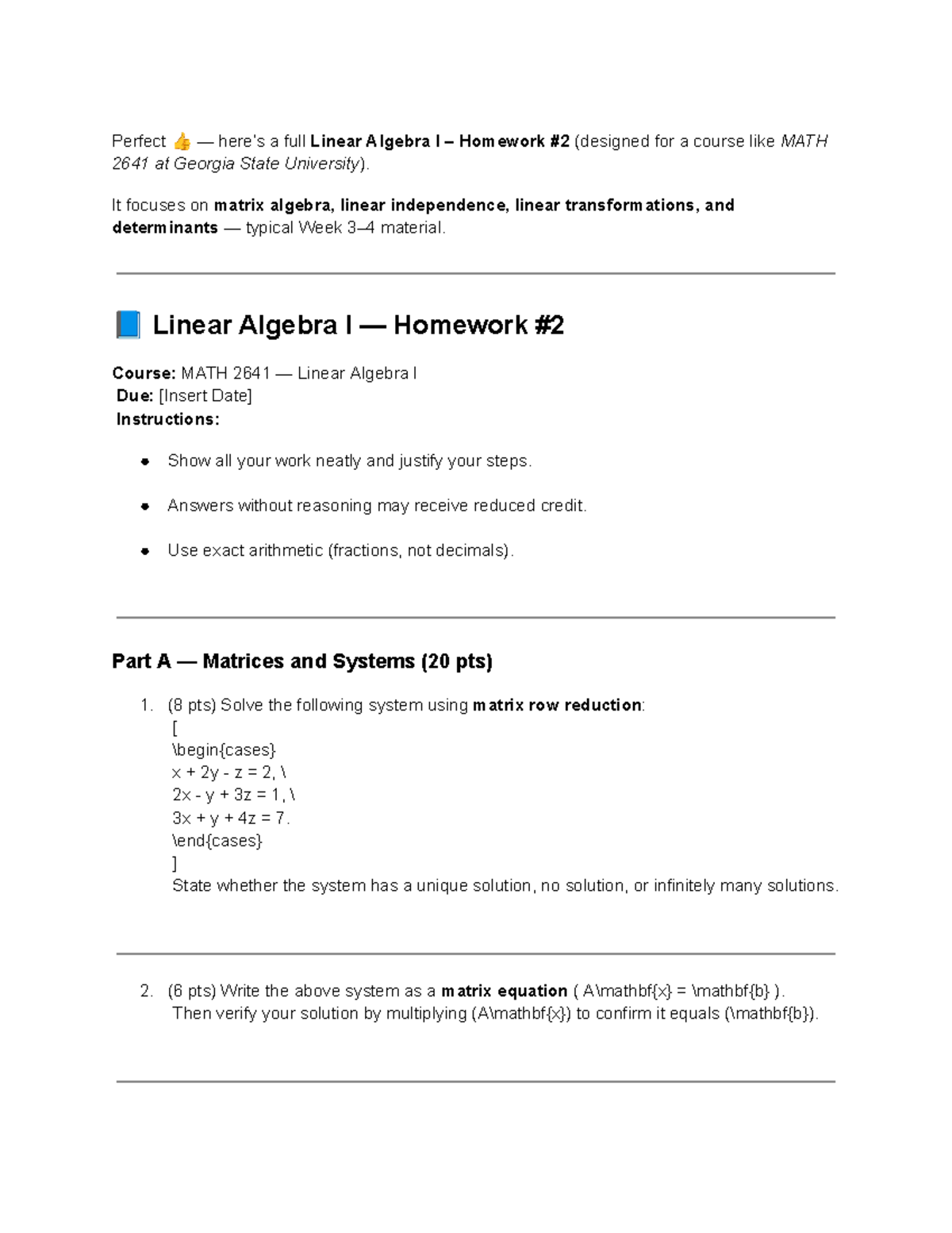 Linear Algebra I Homework 3 for MATH 2641: Matrix Algebra ...