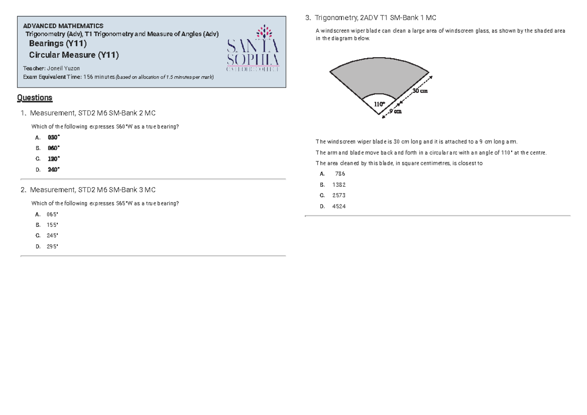 Trigonometry, 2ADV T1 Final Exam Review and Practice Questions - Studocu