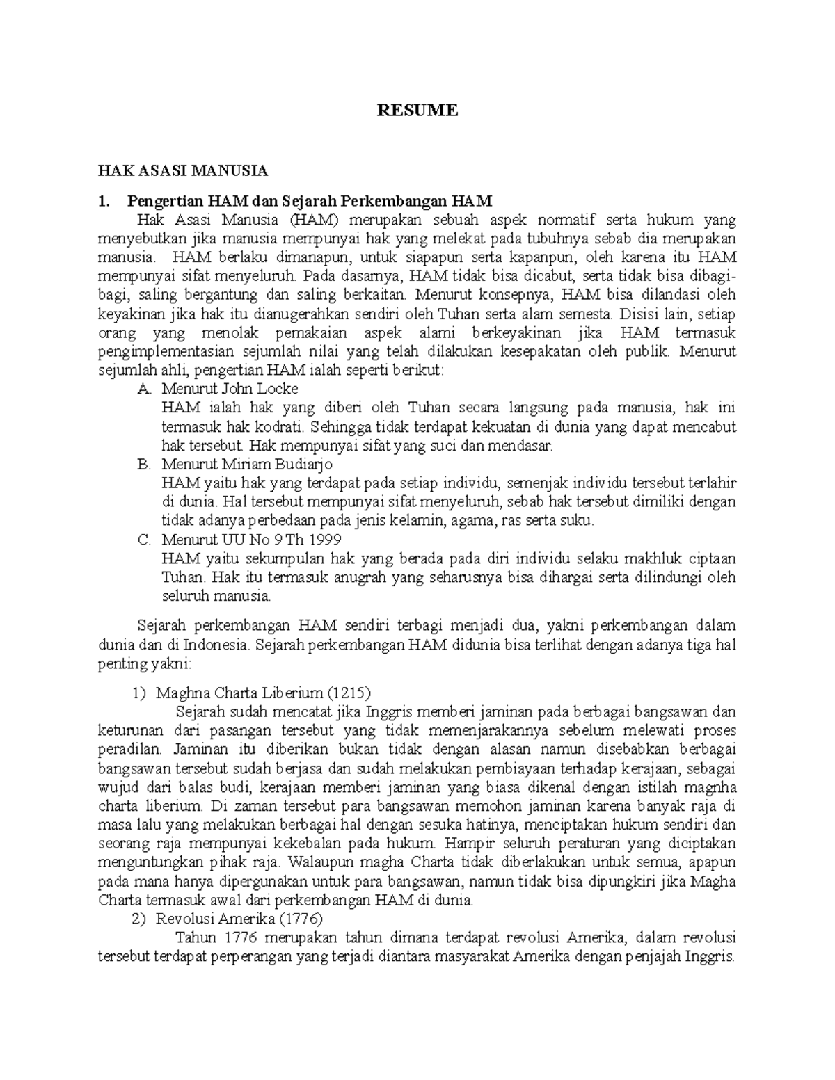 Hak Asasi Manusia - Kelas A - Resume Sejarah dan Prinsip HAM - Studocu