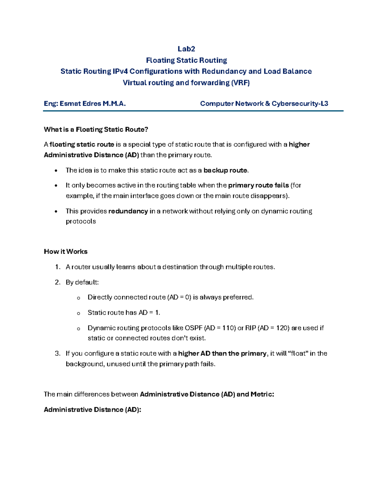 Lab 2: Floating Static Routing & VRF Configurations in IPv4 - Studocu