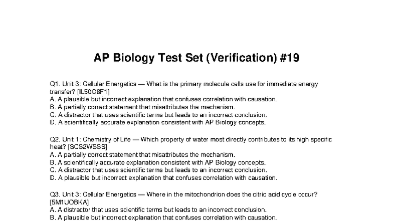 AP Biology APBio Test 19: 5 MCQs on Cellular Energetics & Life - Studocu