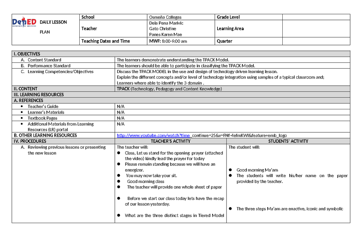 TPACK Lesson Plan for Final Exam - School Osmeña Colleges - Studocu
