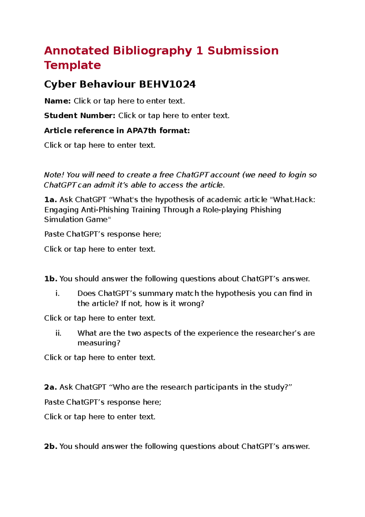 Annotated Bibliography 1 Submission Template - Cyber Behaviour BEHV ...