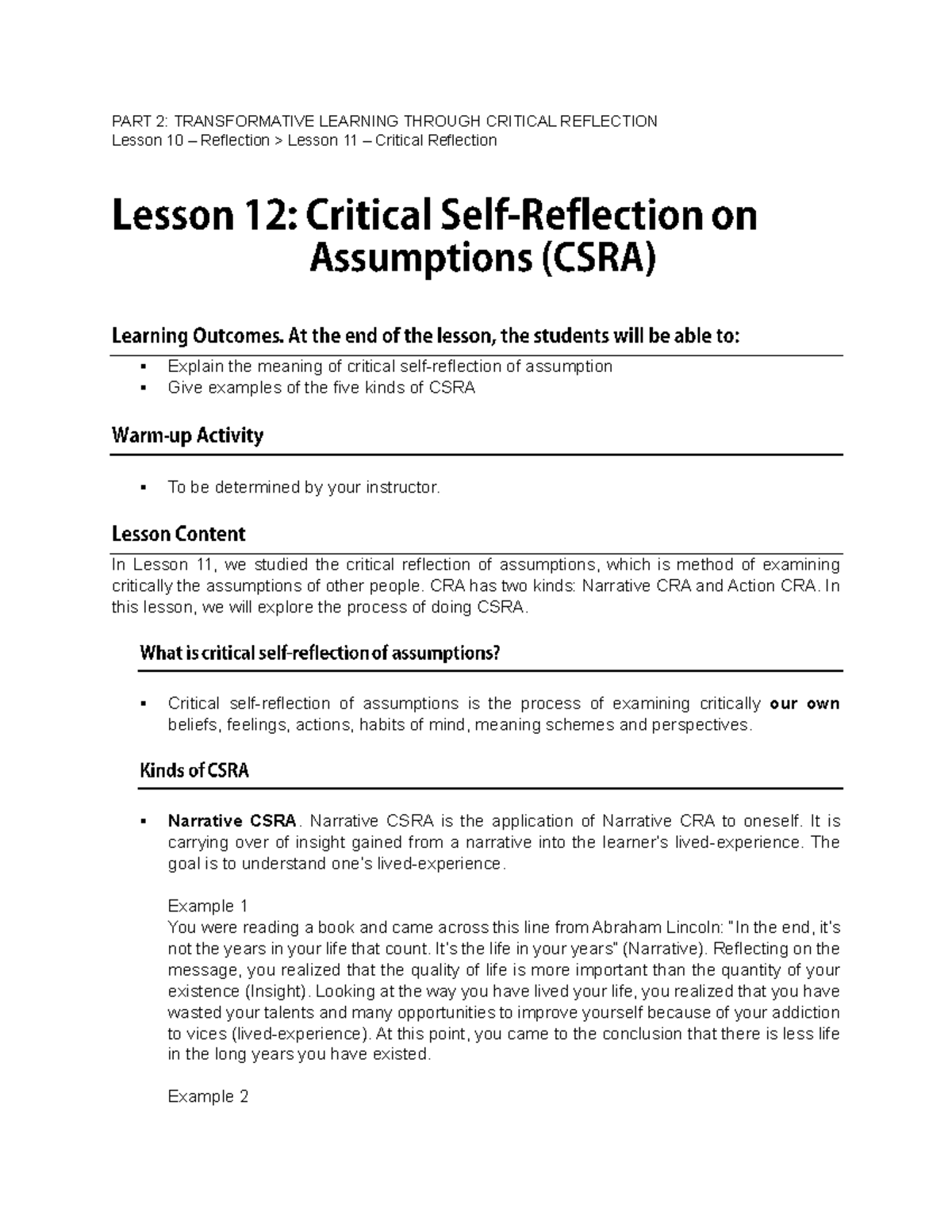 Transformative Learning: Lesson 12 - Critical Self Reflection on ...