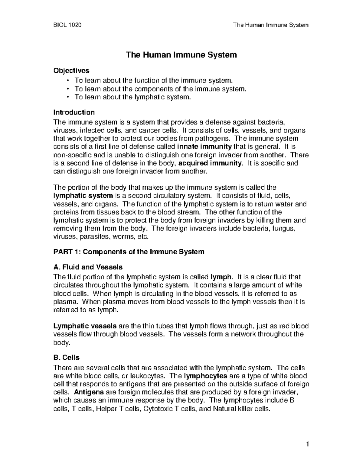 14 The Human Immune System Overview - BIOL 1020 Study Notes - Studocu