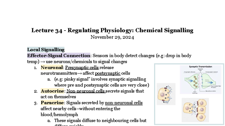 Lecture 34: Regulating Physiology - Chemical Signalling (Bio 2601 ...