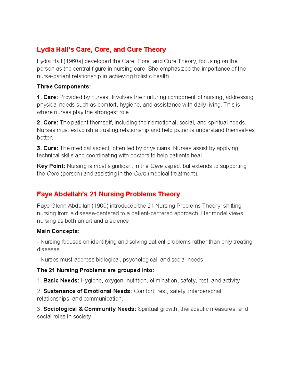 Nursing Theories Overview: Care, Core, and Cure (NUR 101) - Studocu