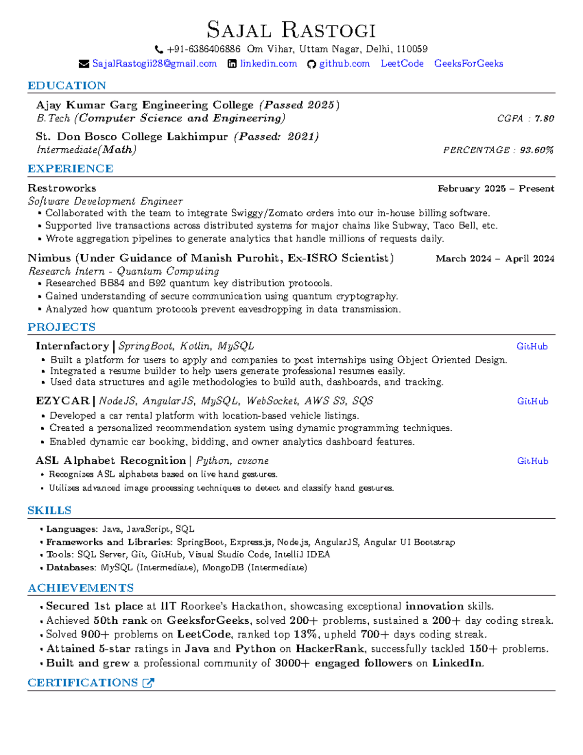 Sajal Rastogi B.Tech CSE Resume - Ajay Kumar Garg College 2025 - Studocu