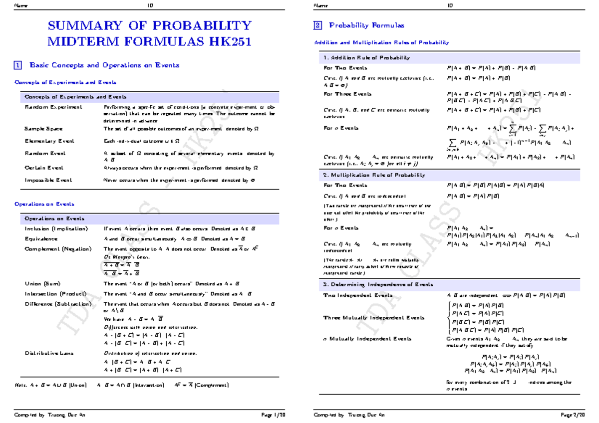 Probability Midterm Formulas Summary HK251 - Studocu