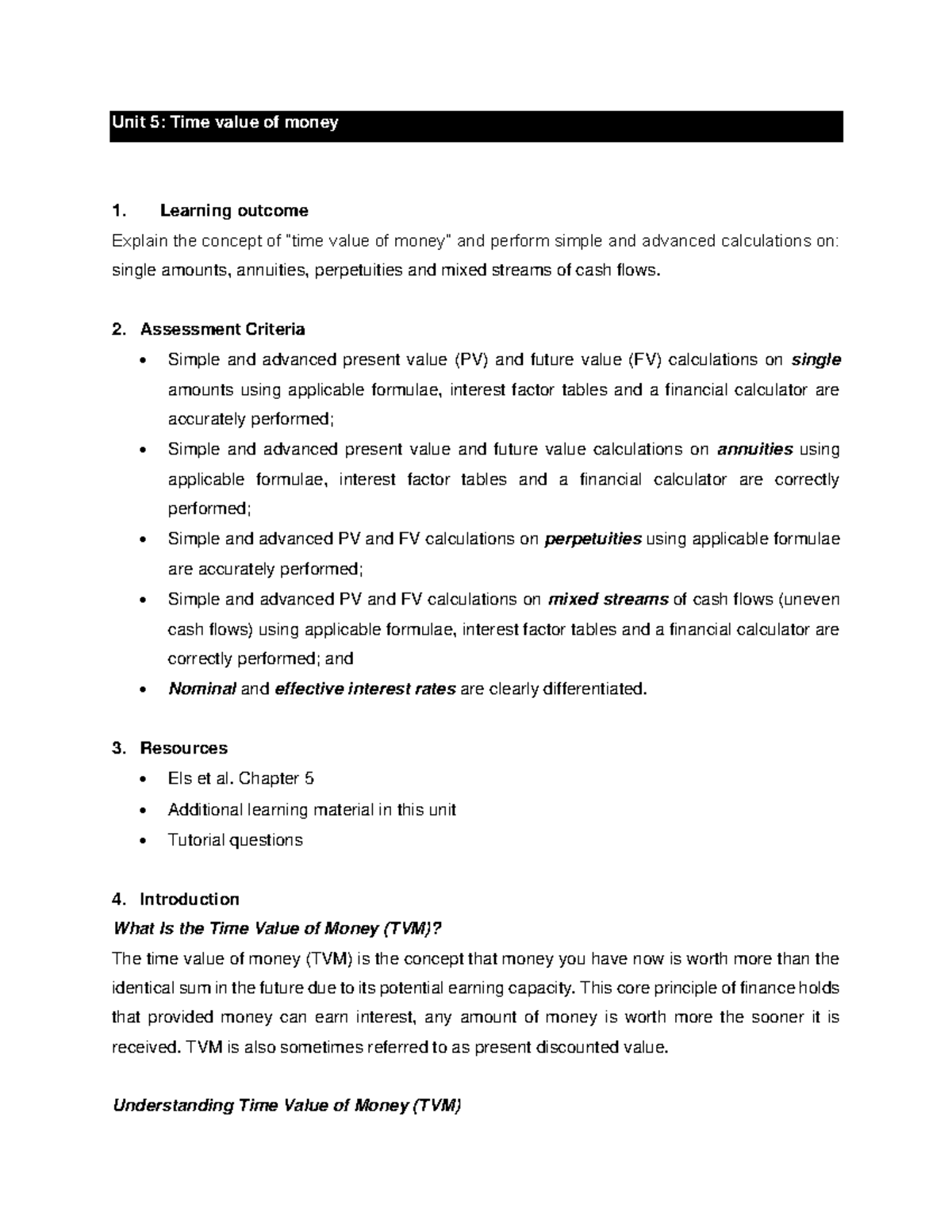 Unit 5: Time Value of Money - Learner Guide & Tutorial Solutions 2024 ...