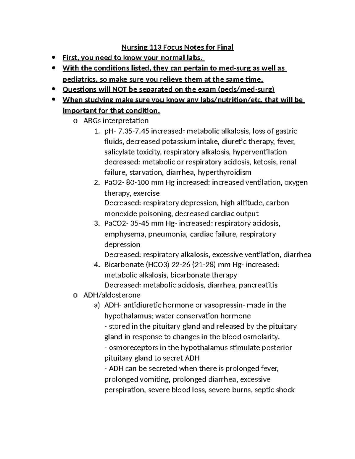 Nursing 113 Final Exam Focus Notes on Key Concepts - Studocu