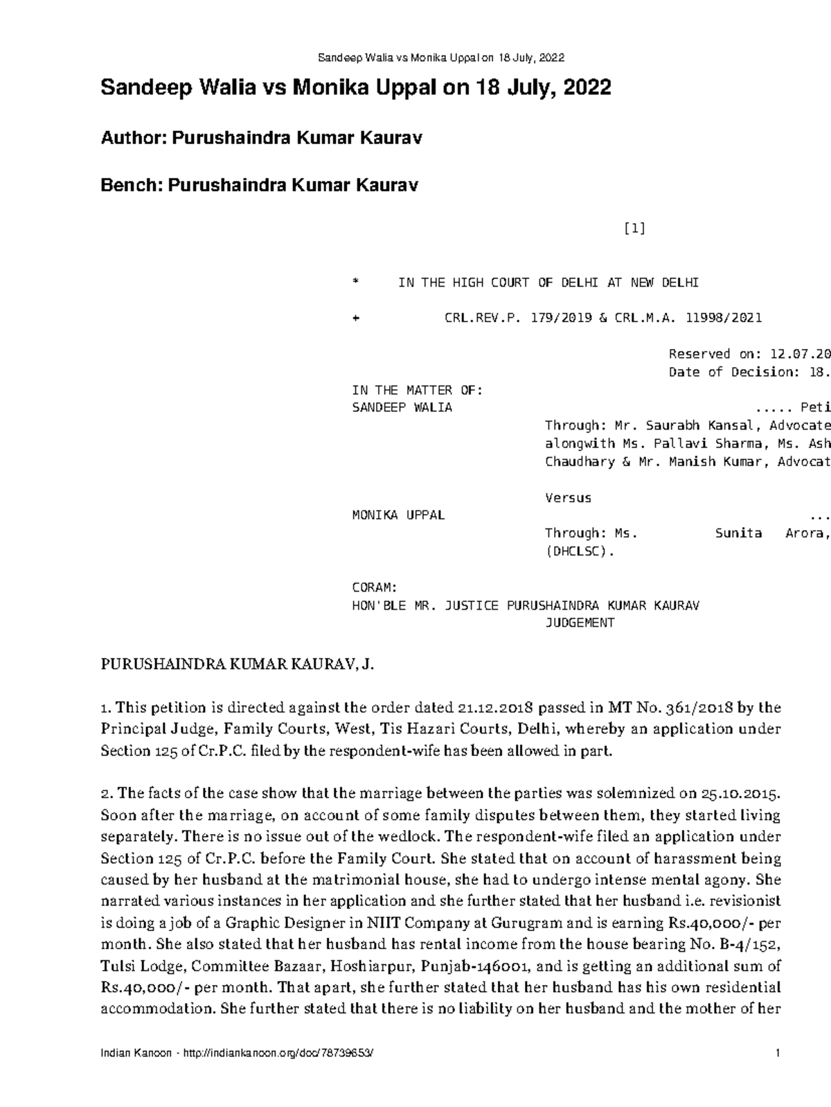 Sandeep Walia vs Monika Uppal on 18 July 2022 - Sandeep Walia vs Monika ...