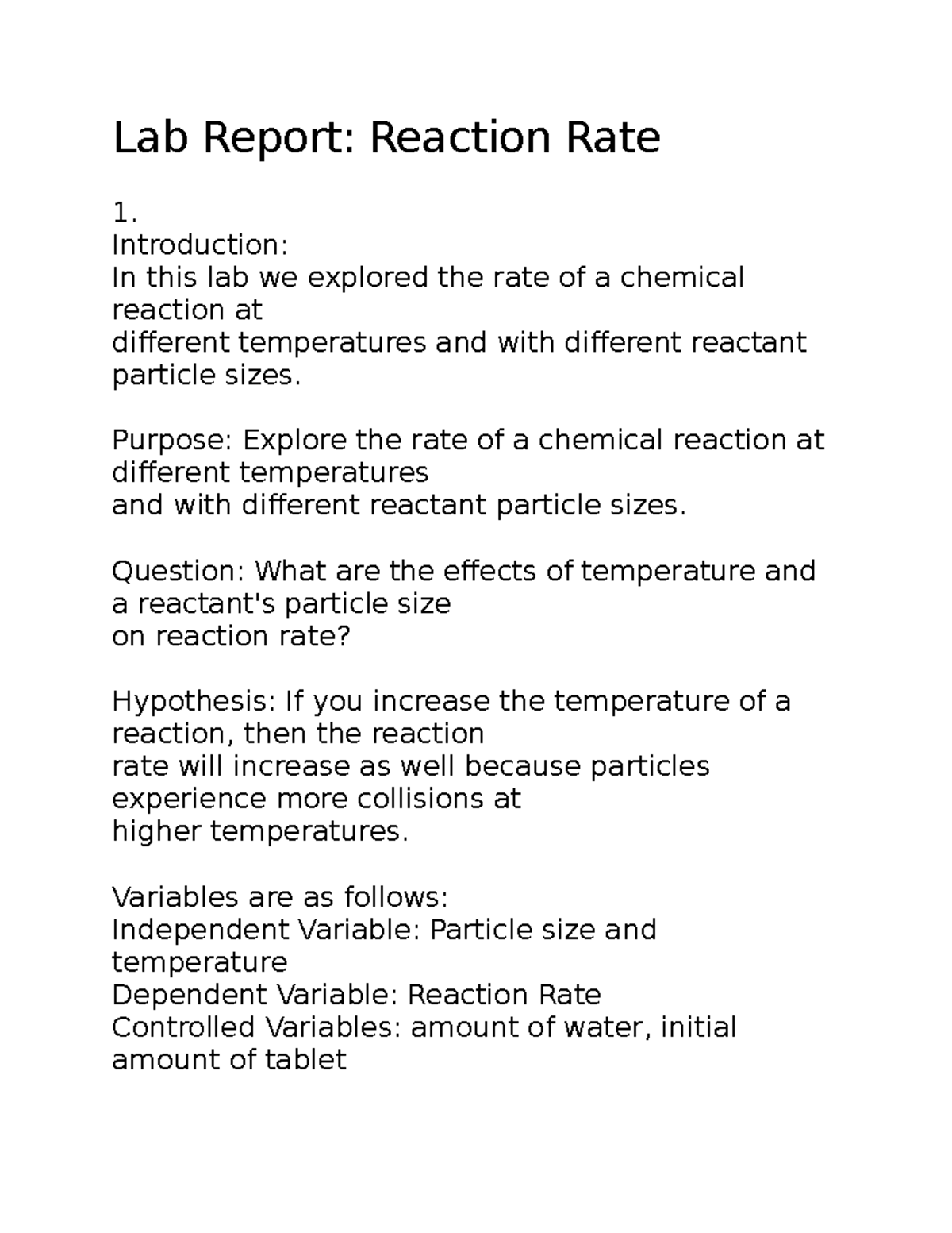 Lab Report reaction rate - Lab Report: Reaction Rate 1. Introduction ...