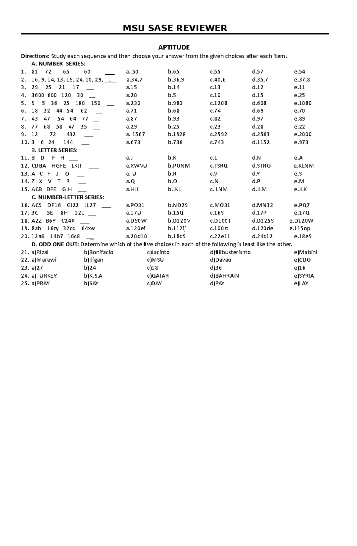 SASE- Reviewer- Aptitude - MSU SASE REVIEWER APTITUDE Directions: Study ...