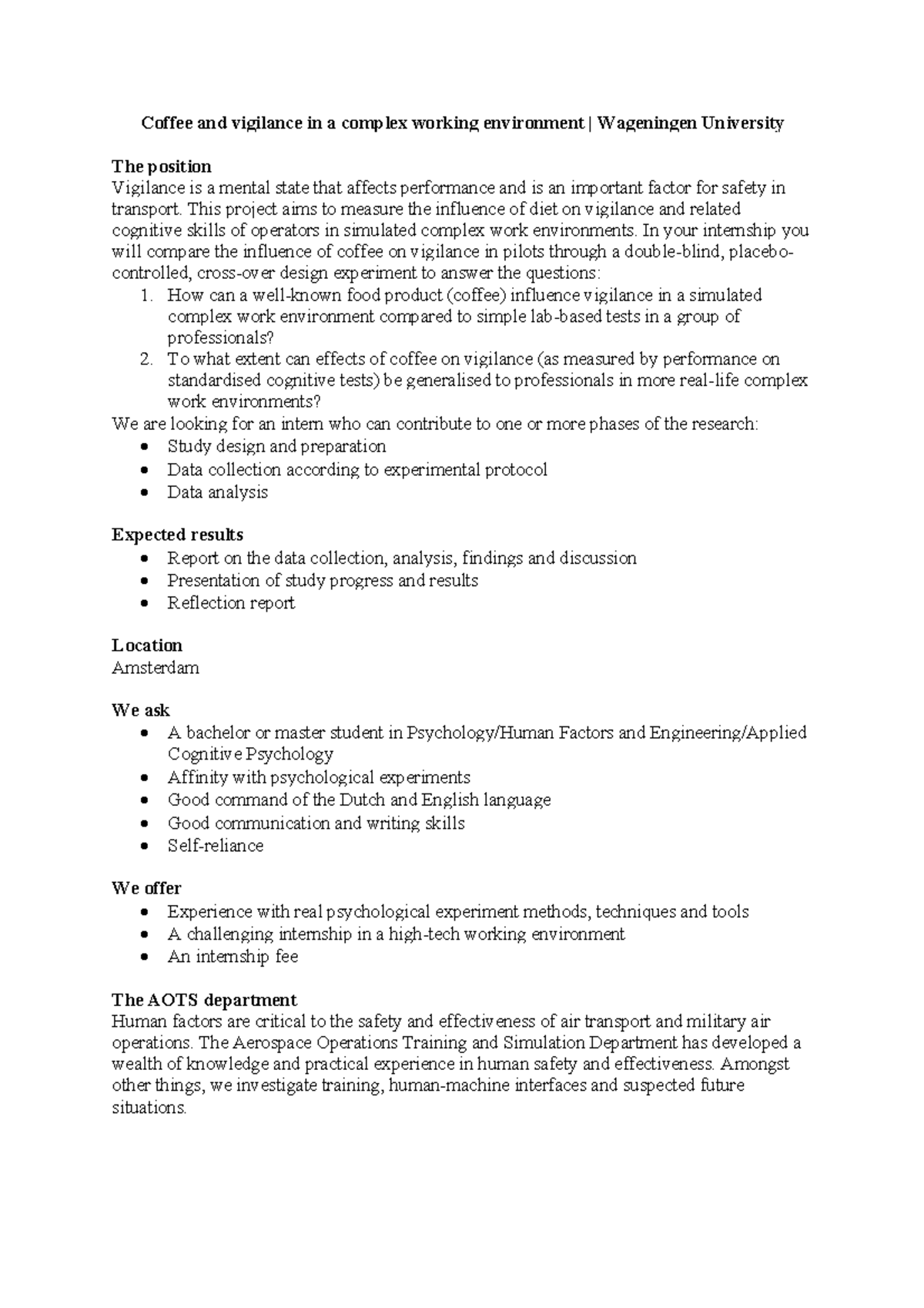Internship WUR - Coffee Influence on Vigilance in Aviation - Studeersnel
