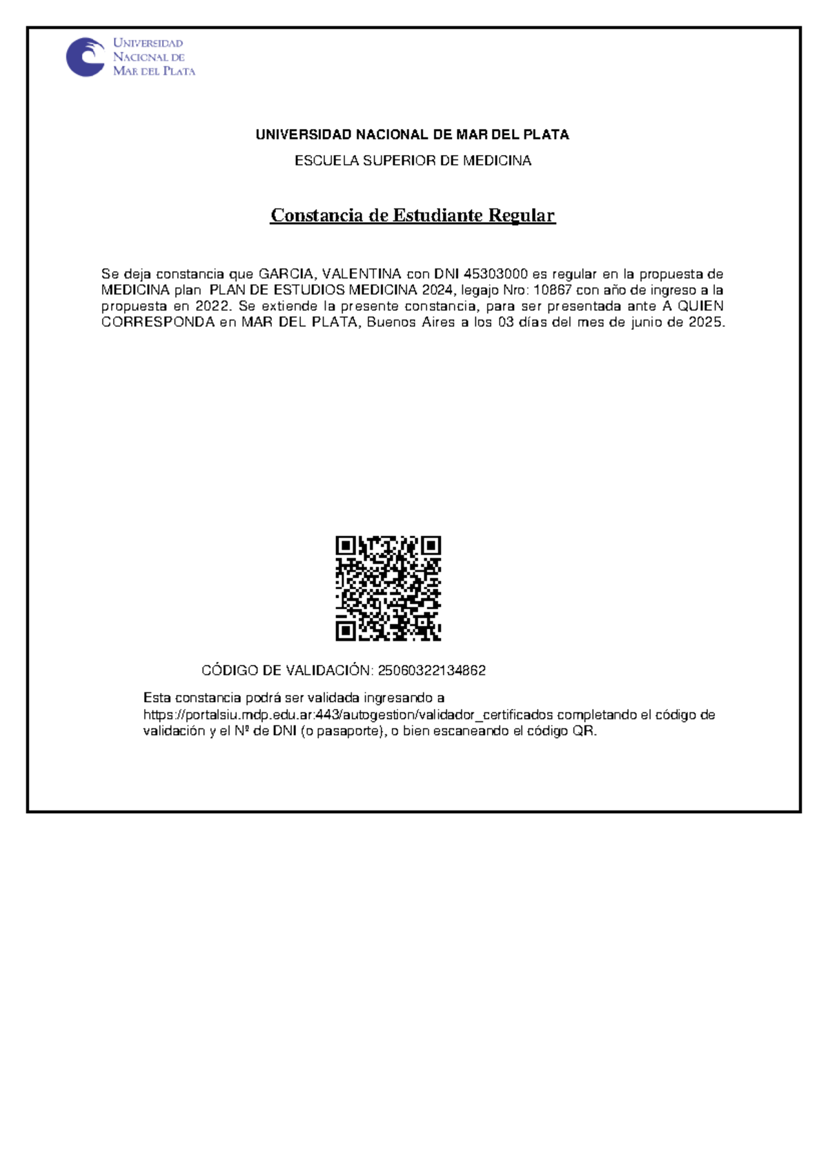 Constancia de Estudiante Regular - Medicina 2024 - U.N.M.D.P. - Studocu