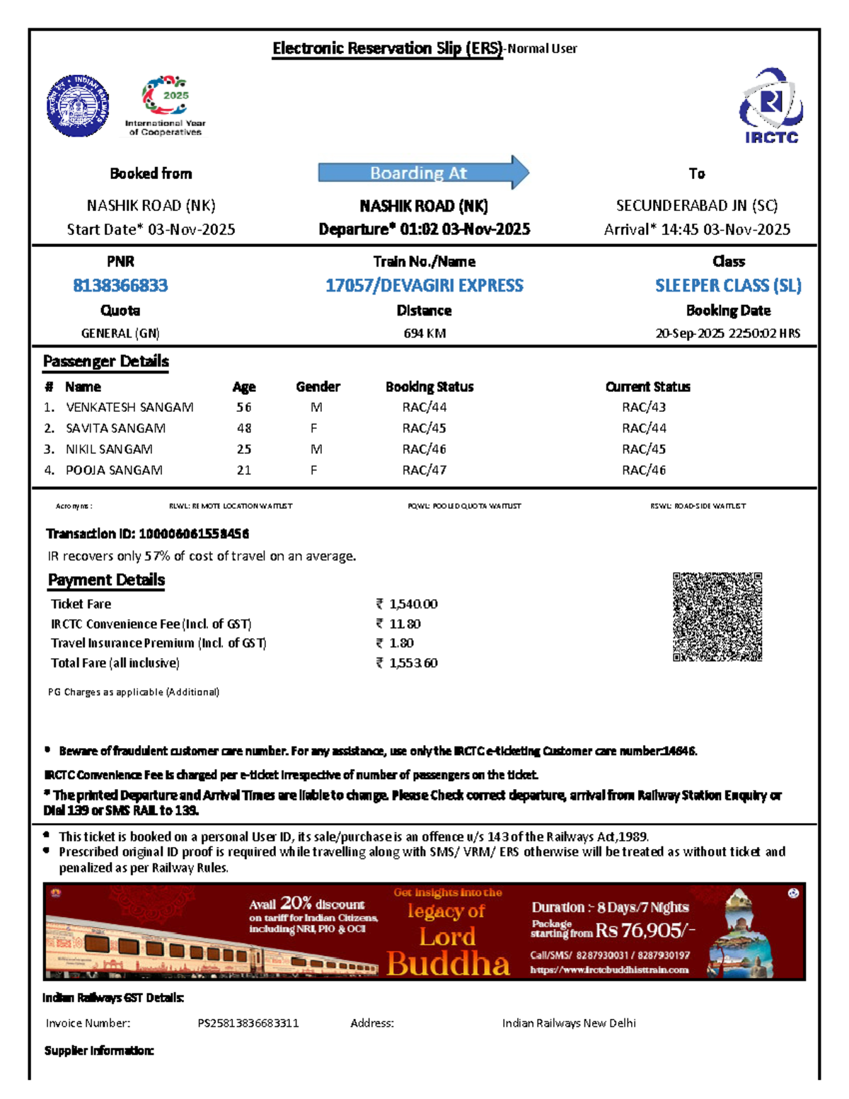 PNR 8138366833: Electronic Reservation Slip for Train Booking - Studocu