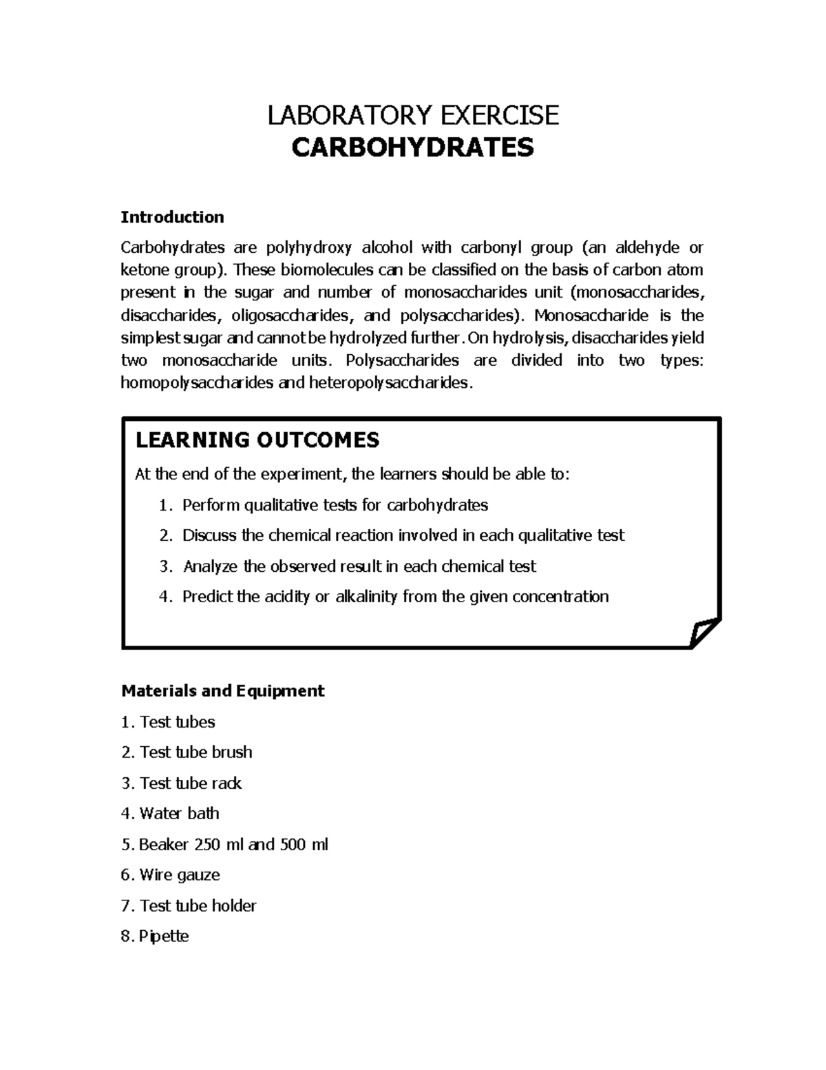 LAB EXERCISE: CARBOHYDRATES (Worksheet) - Studocu