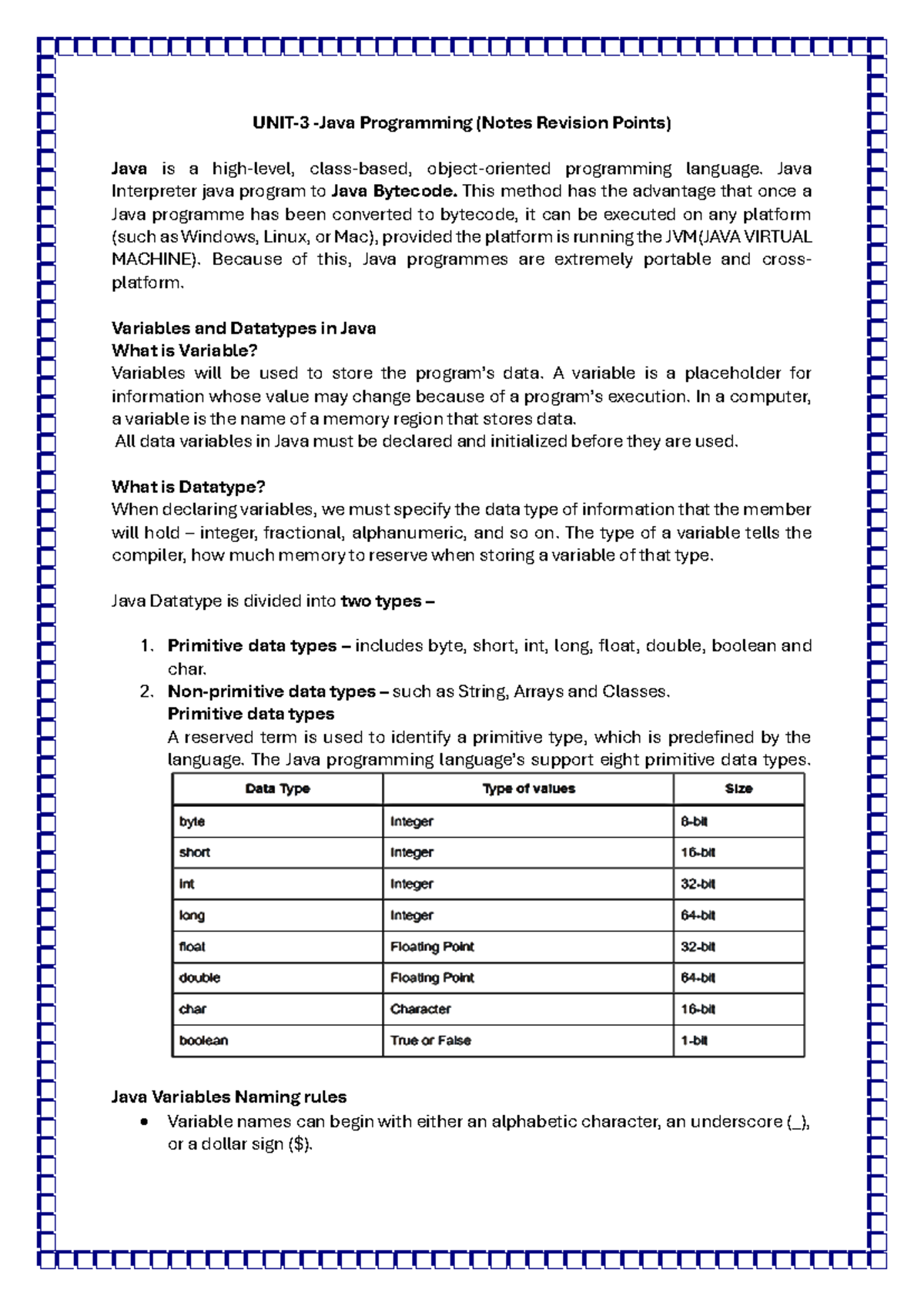 UNIT-3 JAVA Programming: Key Revision Notes on Variables & Datatypes ...
