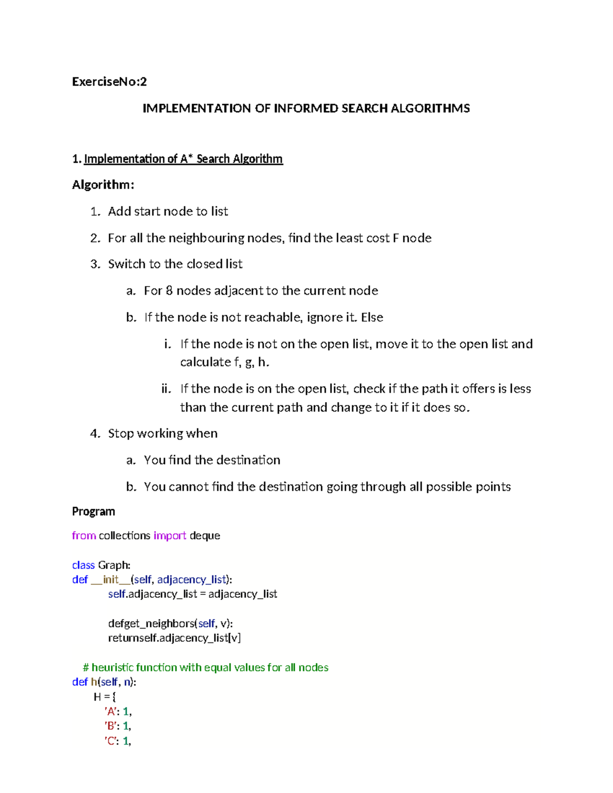 Implementation of Informed Search Algorithms - AIML Exercise - Studocu