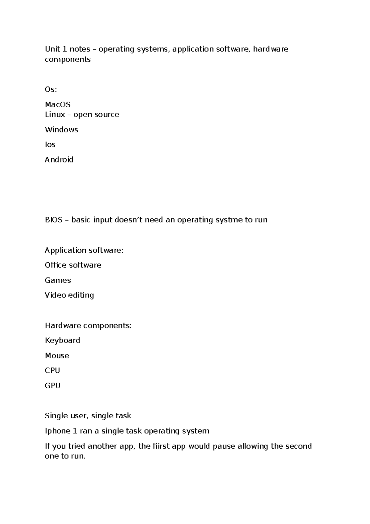 Unit 1 Notes: Operating Systems & Application Software Overview - Studocu
