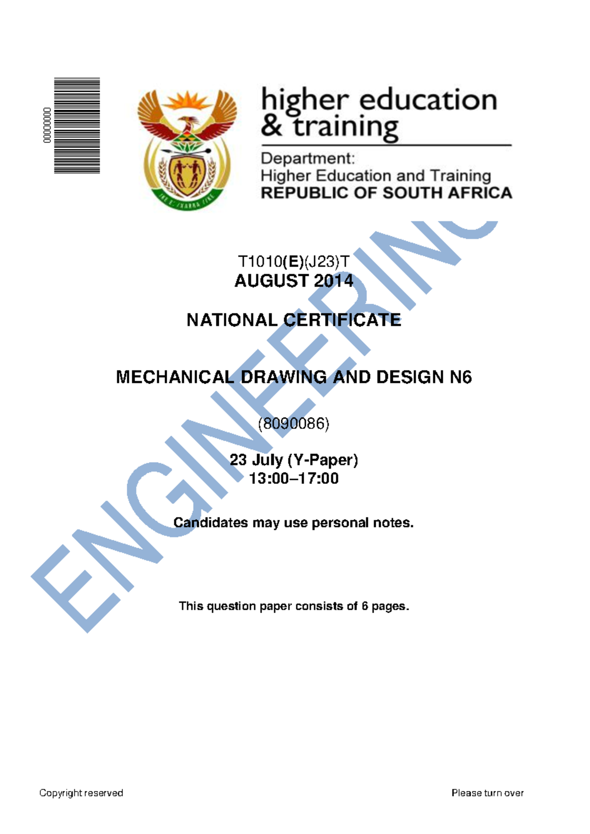 T1010 - Mechanical Drawing & Design N6 Aug 2014 QP - Studocu
