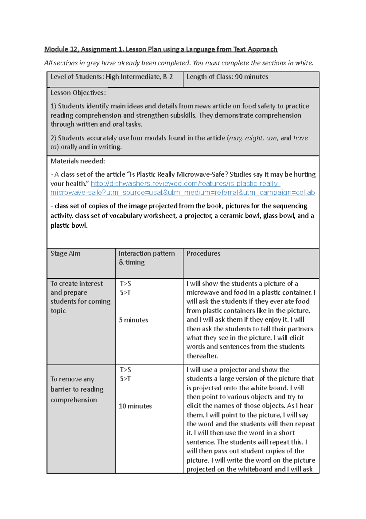 Module 12 Assignment 1 - English work - Module 12, Assignment 1. Lesson Plan using a Language ...