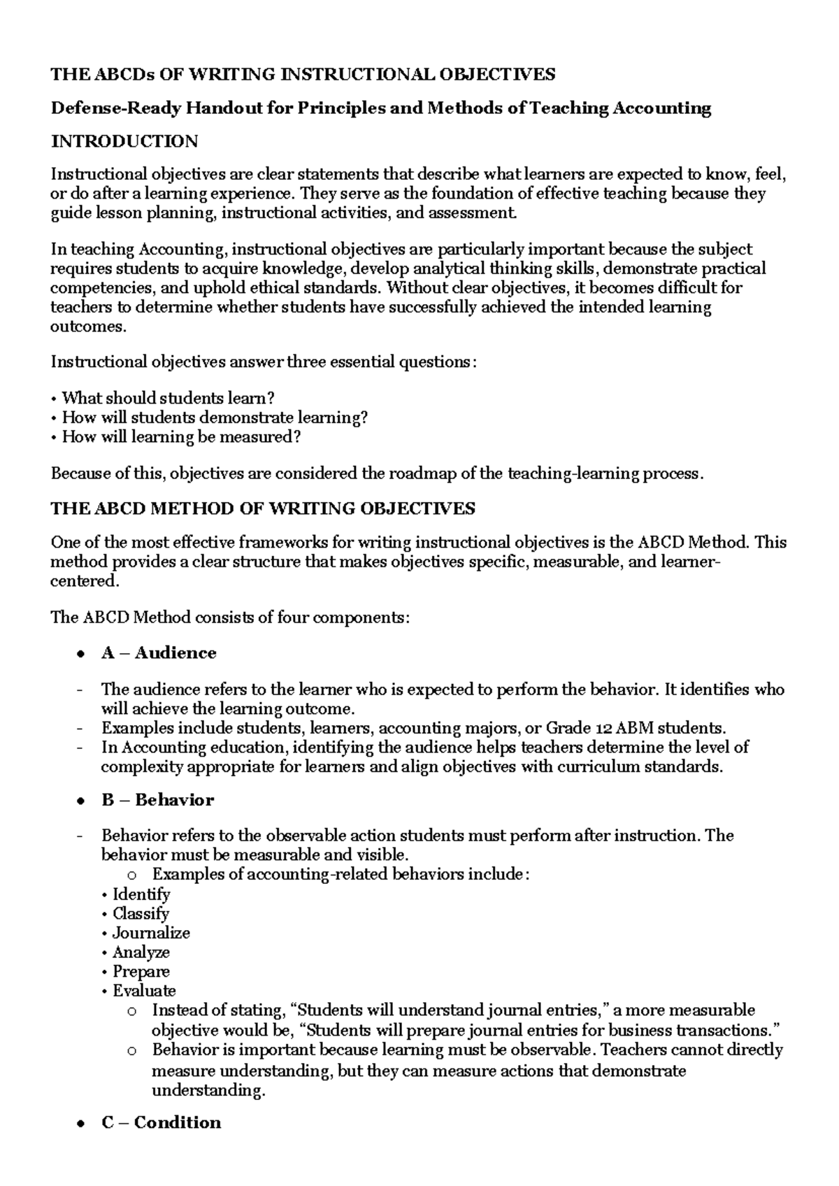 ABCD Method for Writing Instructional Objectives in Accounting ...