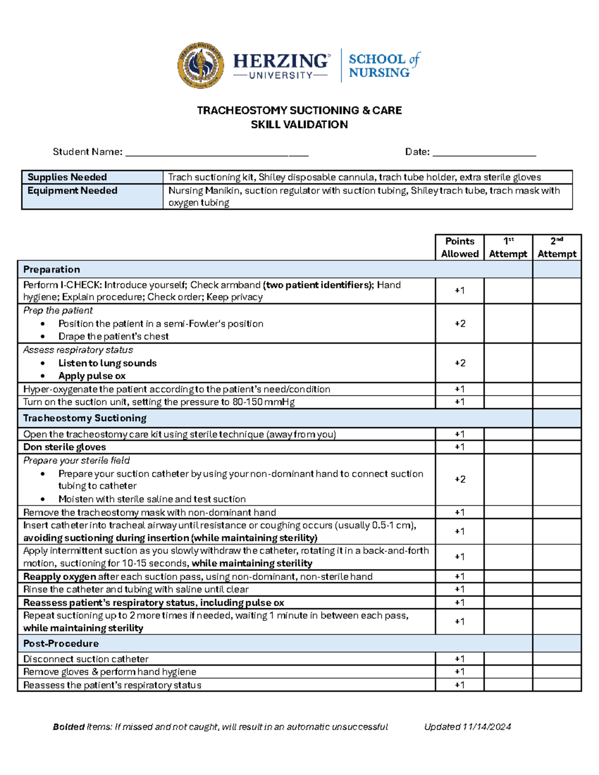 TRACHEOSTOMY SUCTIONING & CARE SKILL VALIDATION Checklist - Studocu