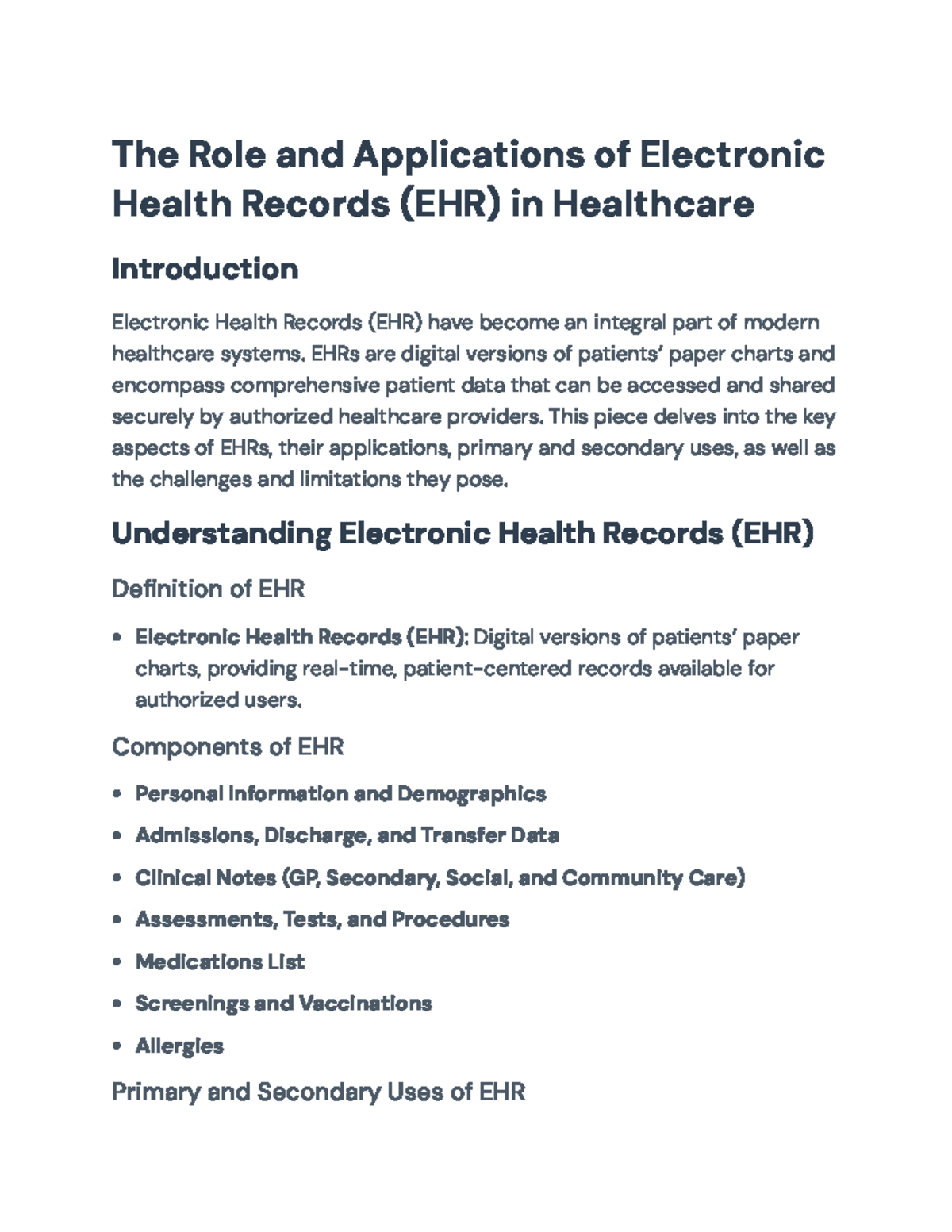 The Role and Applications of Electronic Health Records (EHR) in ...