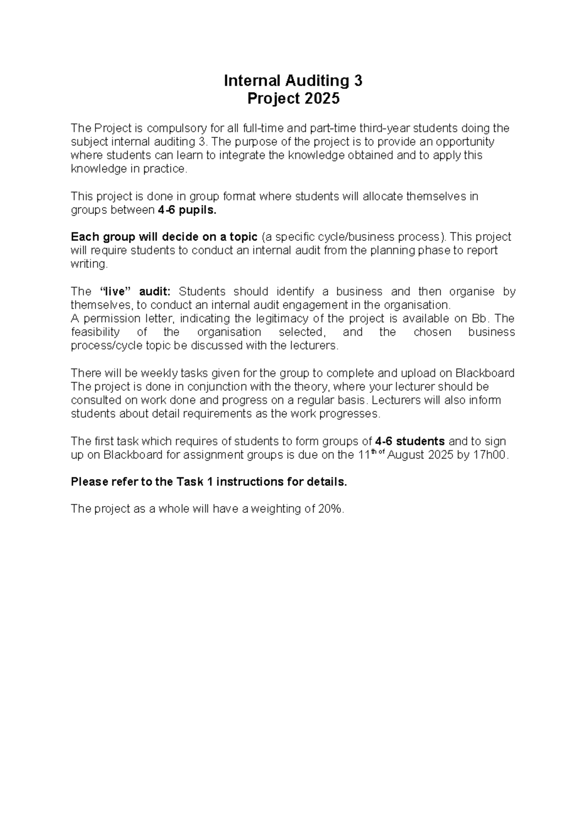IAU360S Internal Auditing 3 Group Project Guidelines 2025 - Studocu
