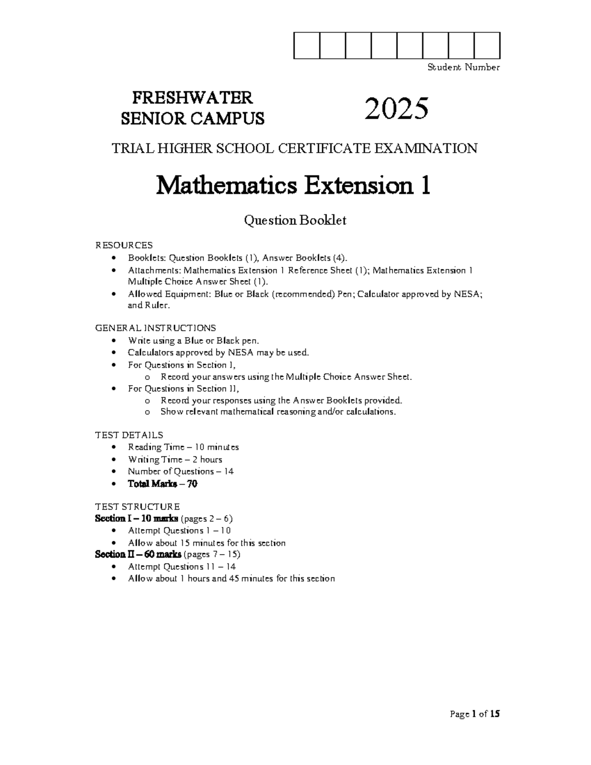 2025 HSC Mathematics Extension 1 Trial Exam Question Booklet - Studocu