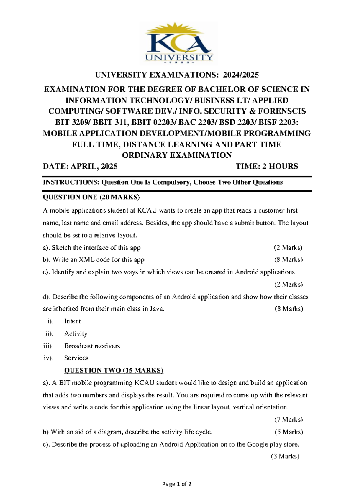 BIT 3209: Mobile Application Development Final Exam 2025 - Studocu