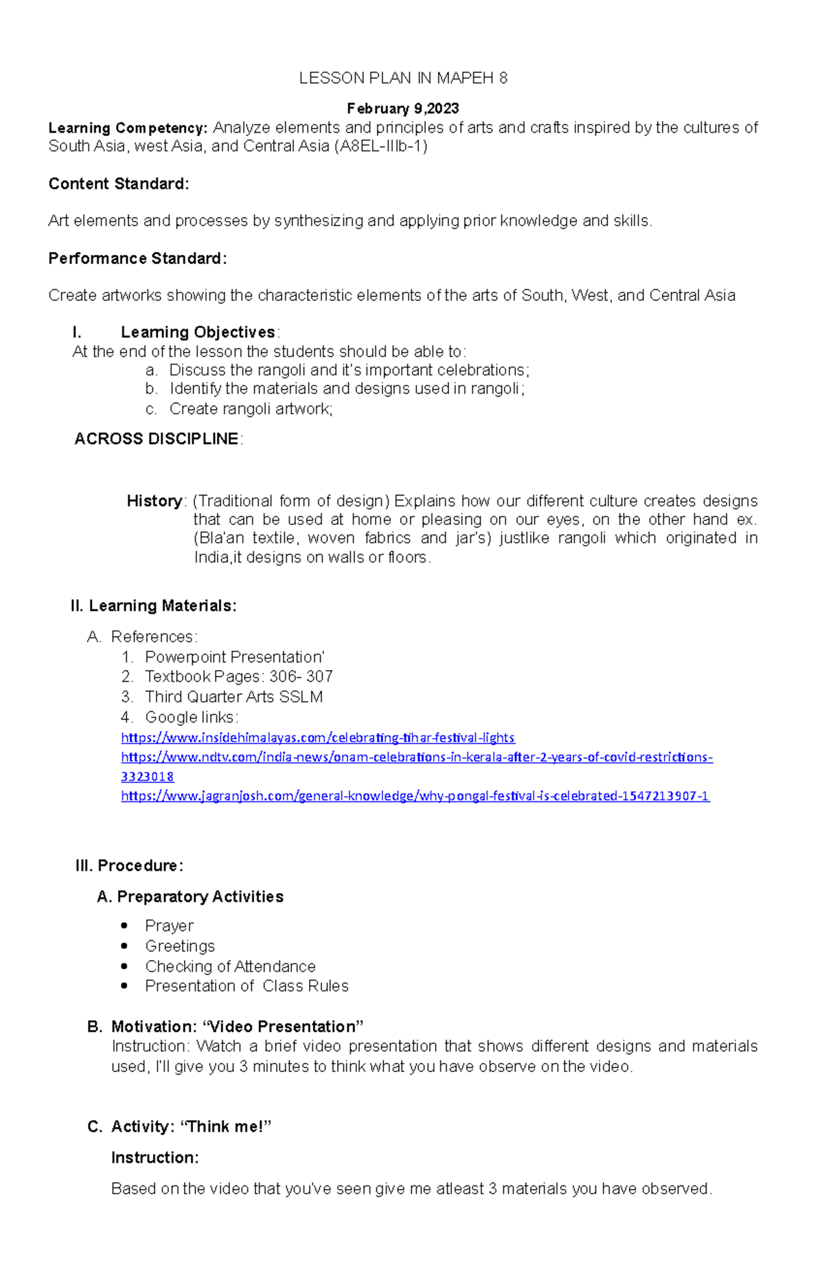 Grade 8 MAPEH Lesson Plan: Arts of South Asia - Q3 by Dalumpines - Studocu