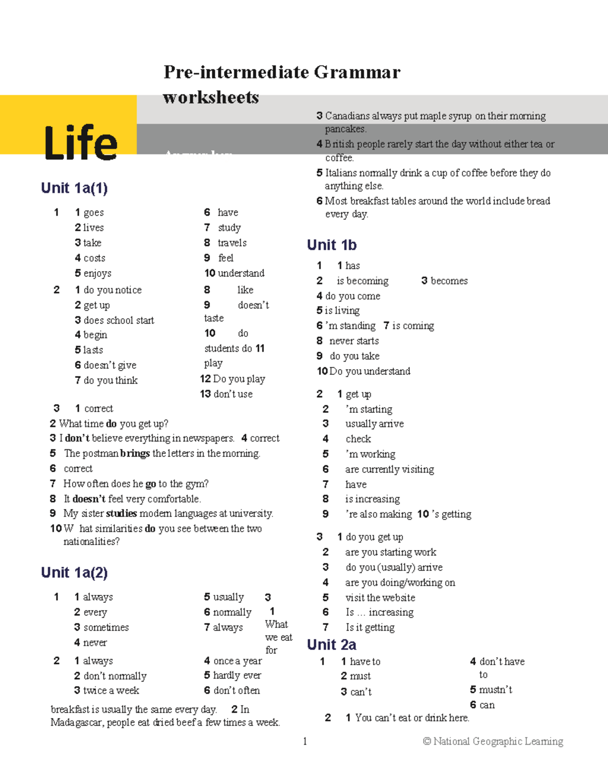 Pre-Intermediate Grammar Practice Worksheet Answer Key 0 - Pre-intermediate Grammar worksheets ...