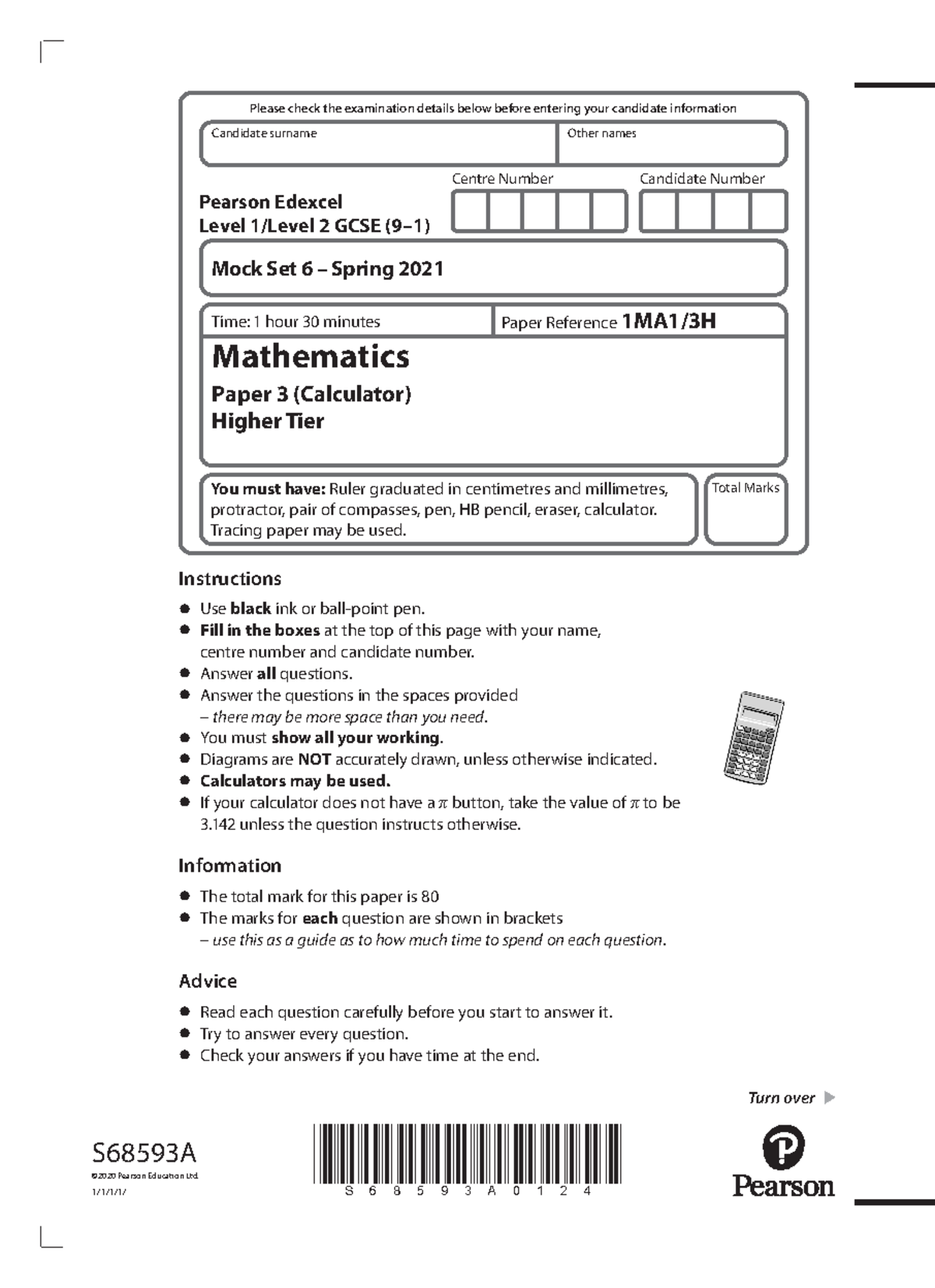 1MA1 3H Mock Set 6 Question Papers (PDF) - S68593A0124 Turn over Candidate surname Other names ...