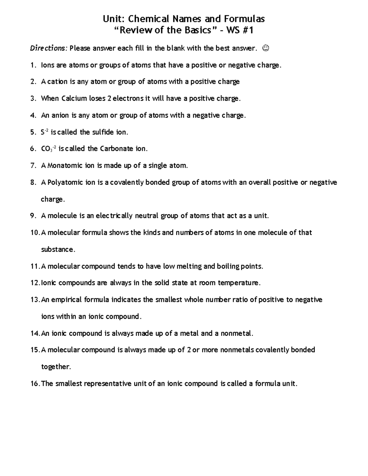 Review of the basics chemical names and formulas - Unit: Chemical Names ...